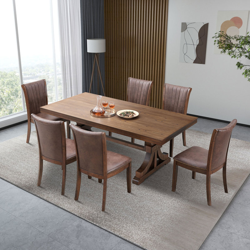 Red Barrel Studio Oak 7 piece mid century modern dining set rectangular table with 6 faux leather chairs for kitchen dining room Wayfair